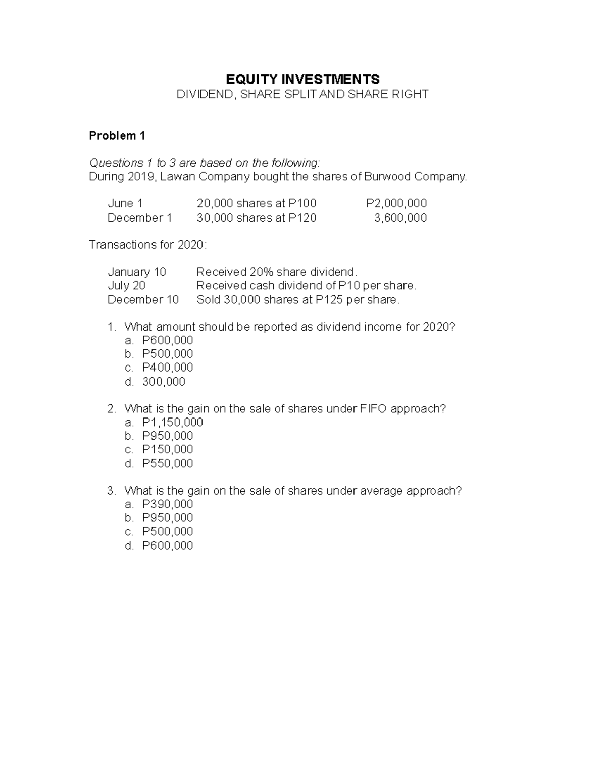 Equity Investment Practice Problems - CA5105 - Studocu