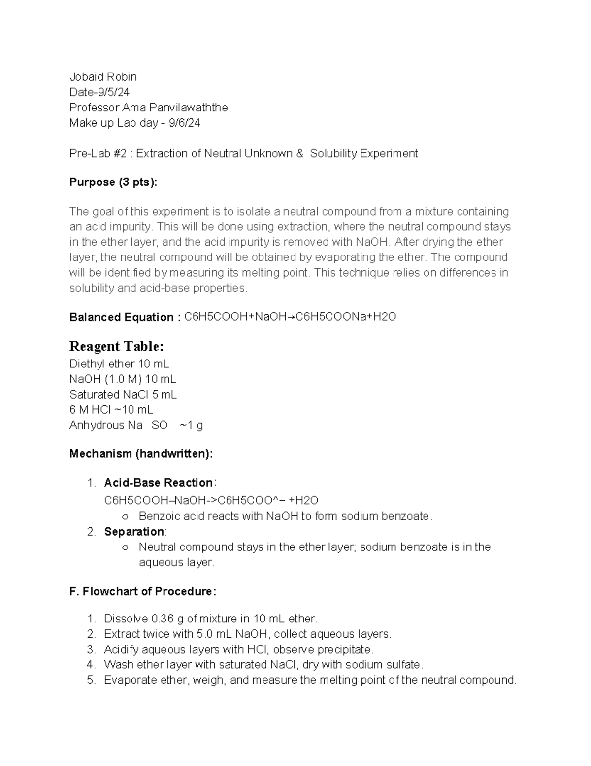 Pre-Lab 2: Extraction of Neutral Unknown & Solubility Experiment - Studocu