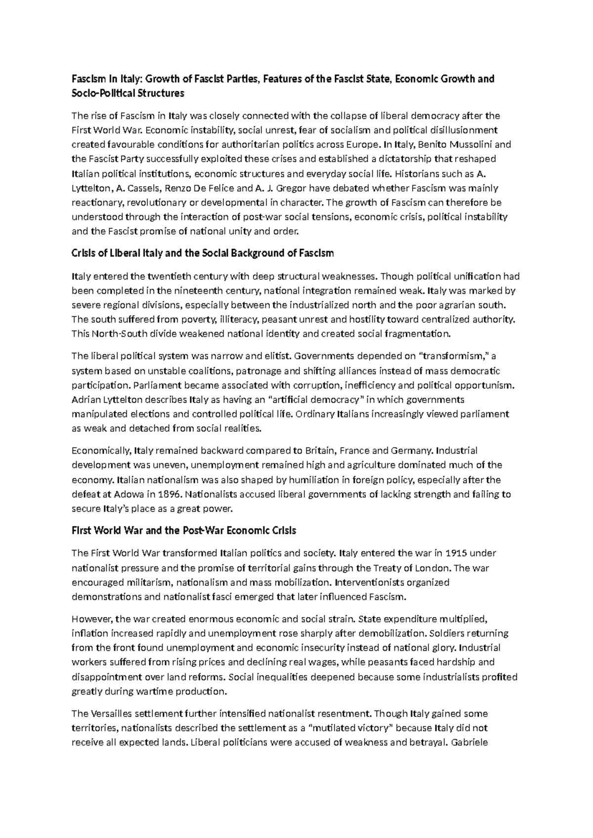Fascism in Italy: Growth, Features, and Economic Impact (HIST 101 ...