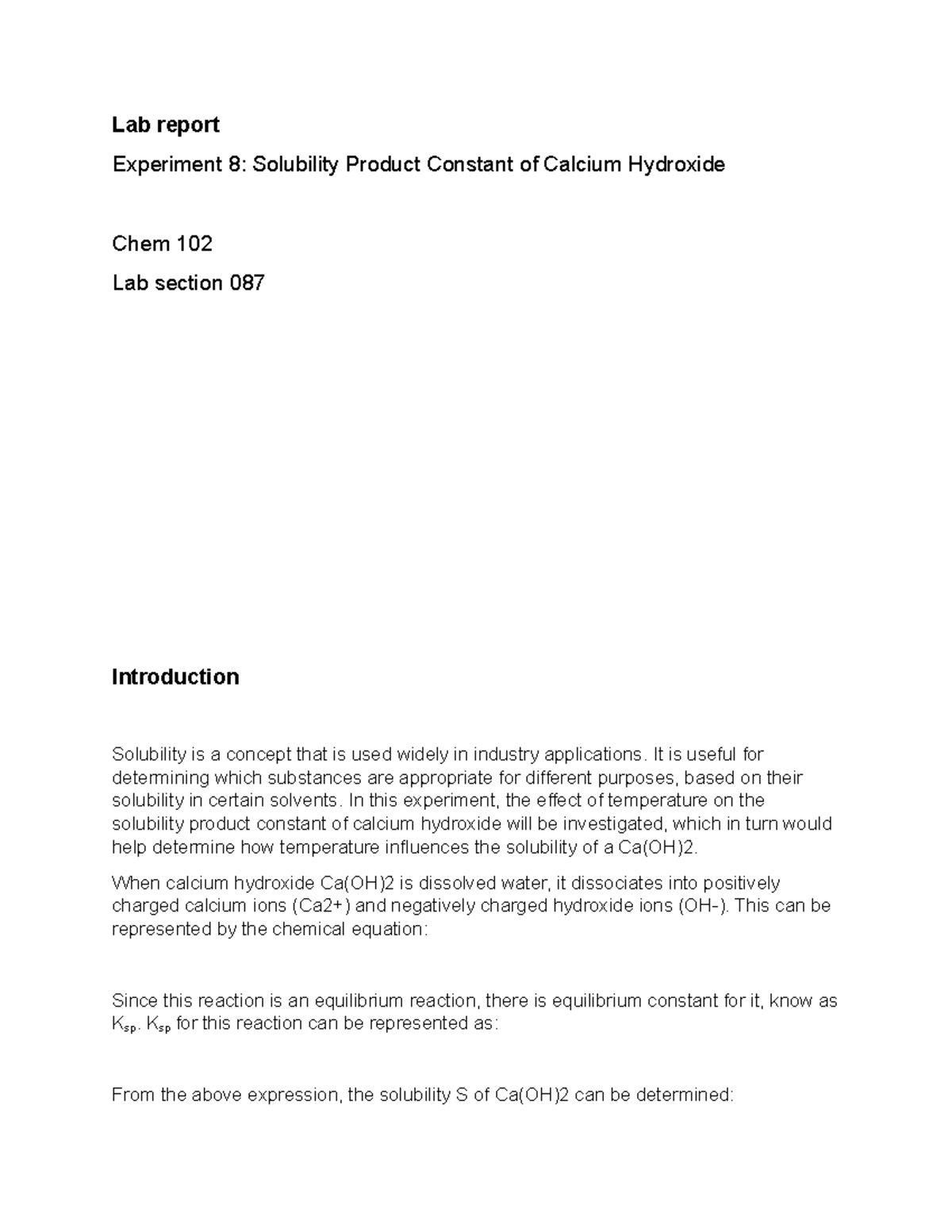 Experiment 8 - Solubility Product Constant of Calcium Hydroxide - Lab ...