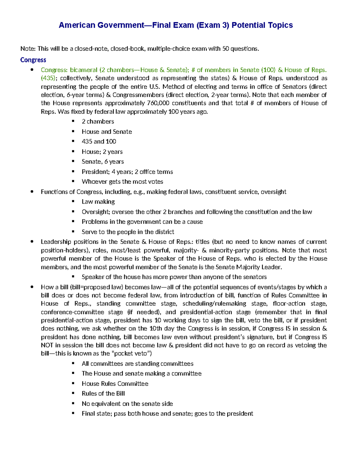 American Government—Final Exam (Exam 3) Review Notes on Key Topics ...