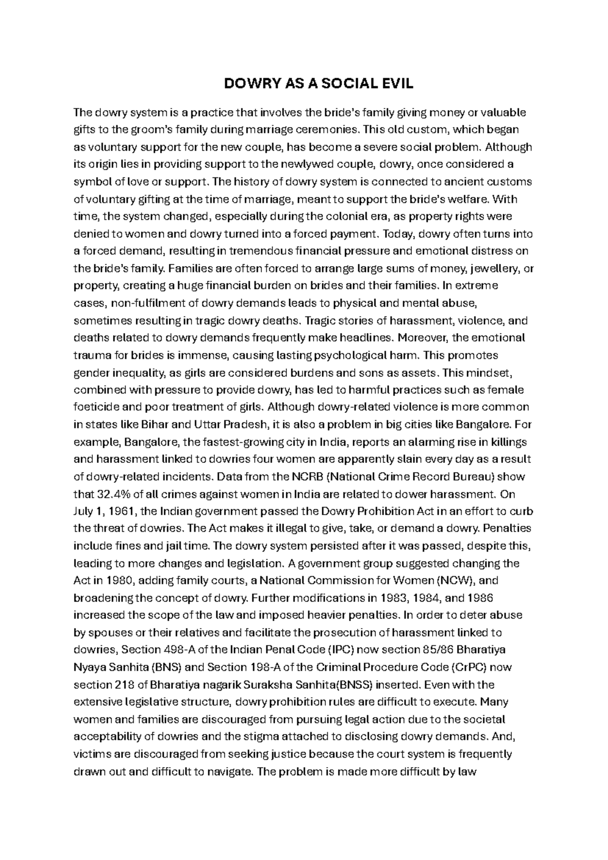 DOWRY AS A SOCIAL EVIL: Insights and Implications for Society - Studocu