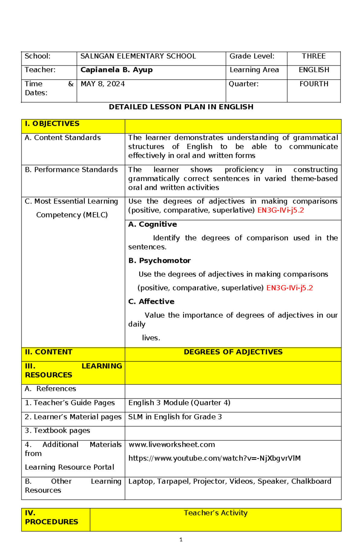 English 3 Degrees OF Comparison - School: SALNGAN ELEMENTARY SCHOOL ...