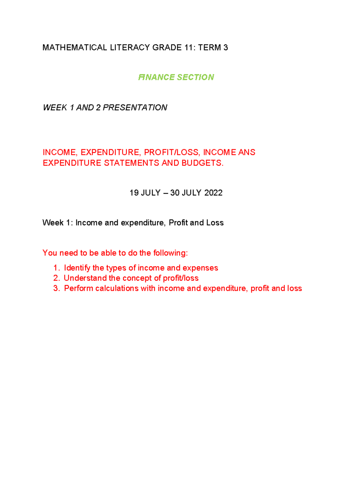 Finance Section: Grade 11 Term 3 Income & Expenditure Overview - Studocu