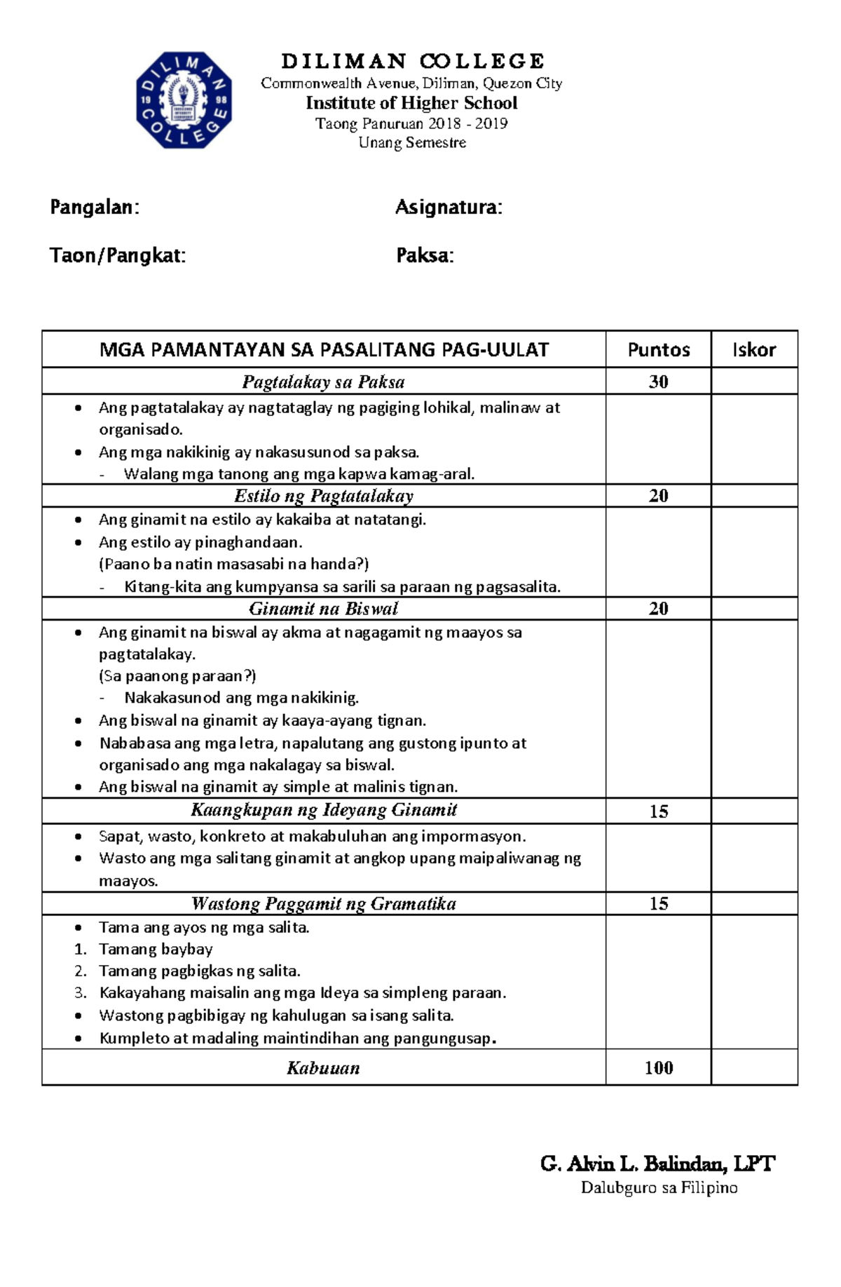 Mga Pamantayan sa Pasalitang Pag-uulat (Fil 101) - Studocu
