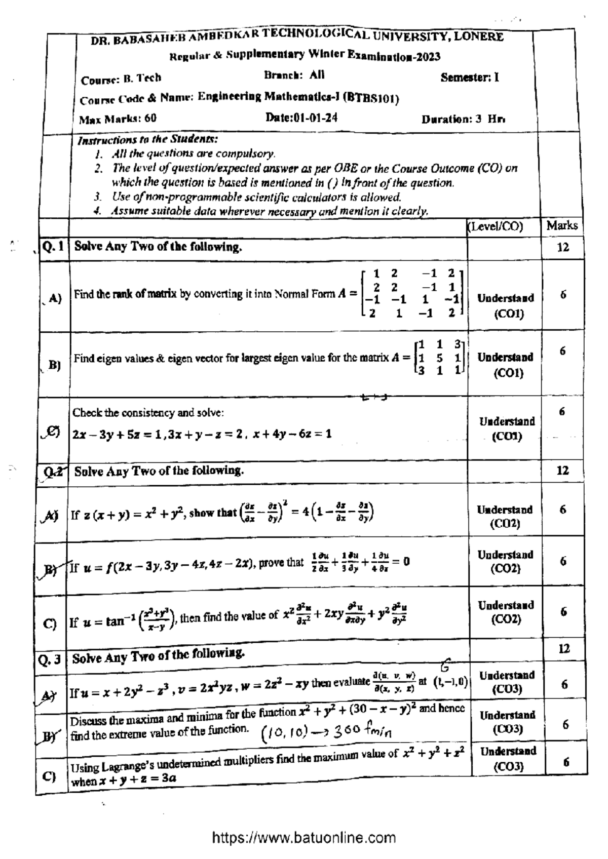 BTech 1st Year Engg Math I BTBS101 Jan 2024 Exam Question Paper - Studocu