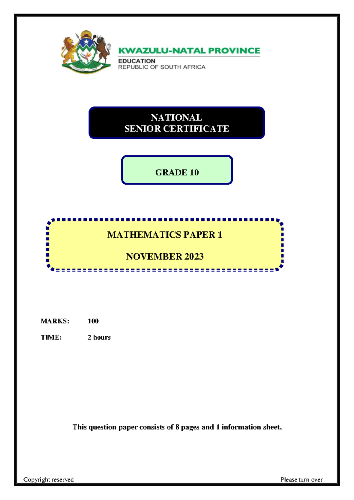Gr 10 Maths P1 Exam Nov 2023 KZN - Full Question Paper - Studocu