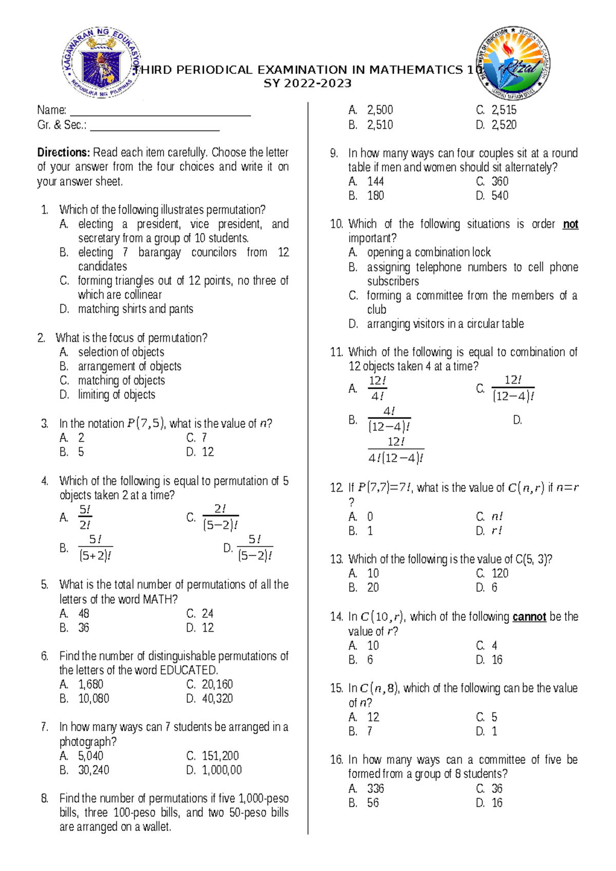 Math 10 - Third Quarterly Examination (SY 2022) - Studocu