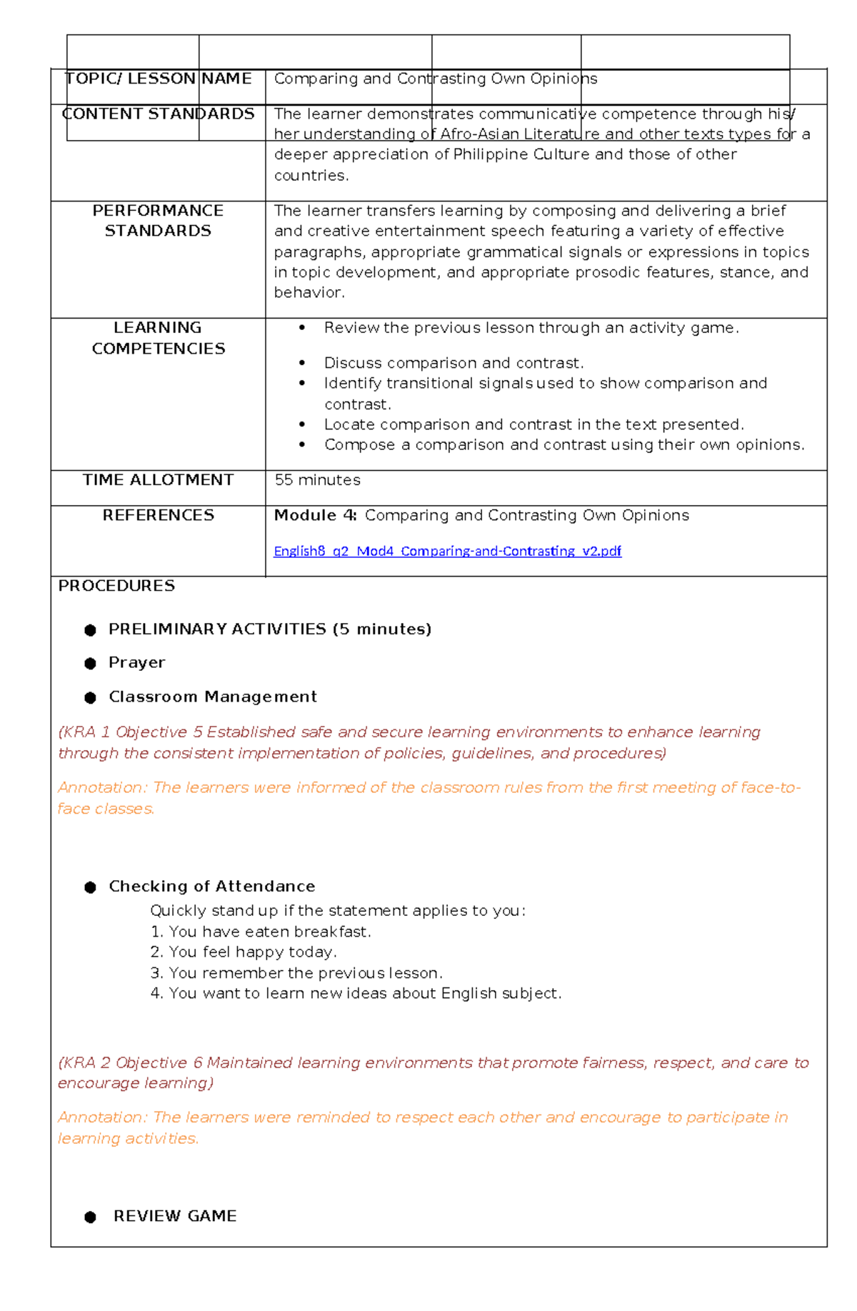 Lesson Plan: Comparing & Contrasting Own Opinions (Module 4) - Studocu
