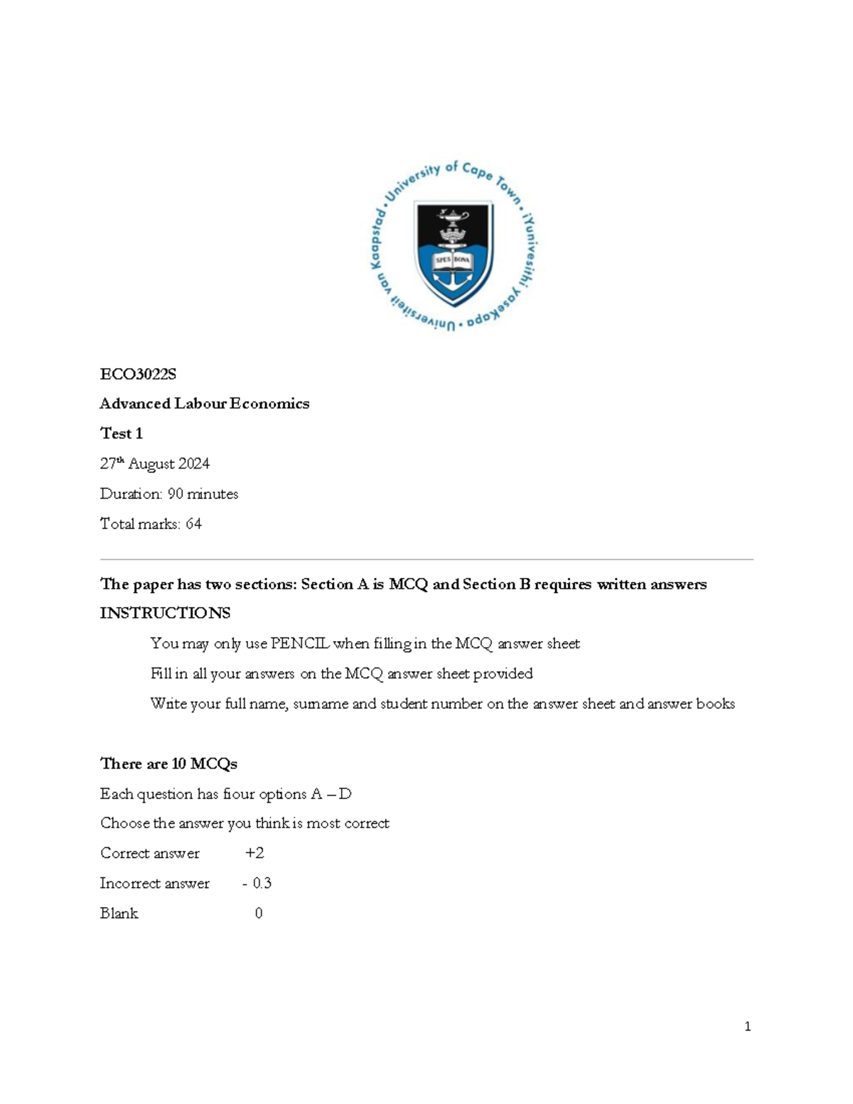 ECO3022S Advanced Labour Economics Test 1 - August 2024 - Studocu