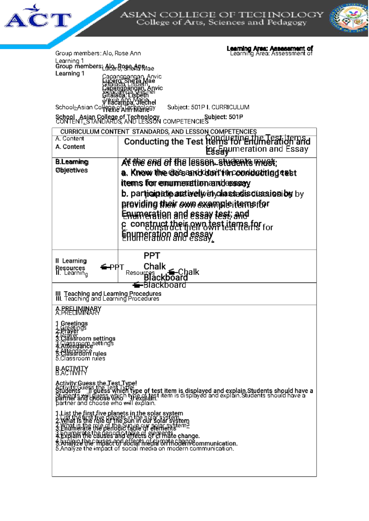 Assessment of Learning 1 (501P): Test Items for Enumeration & Essay ...