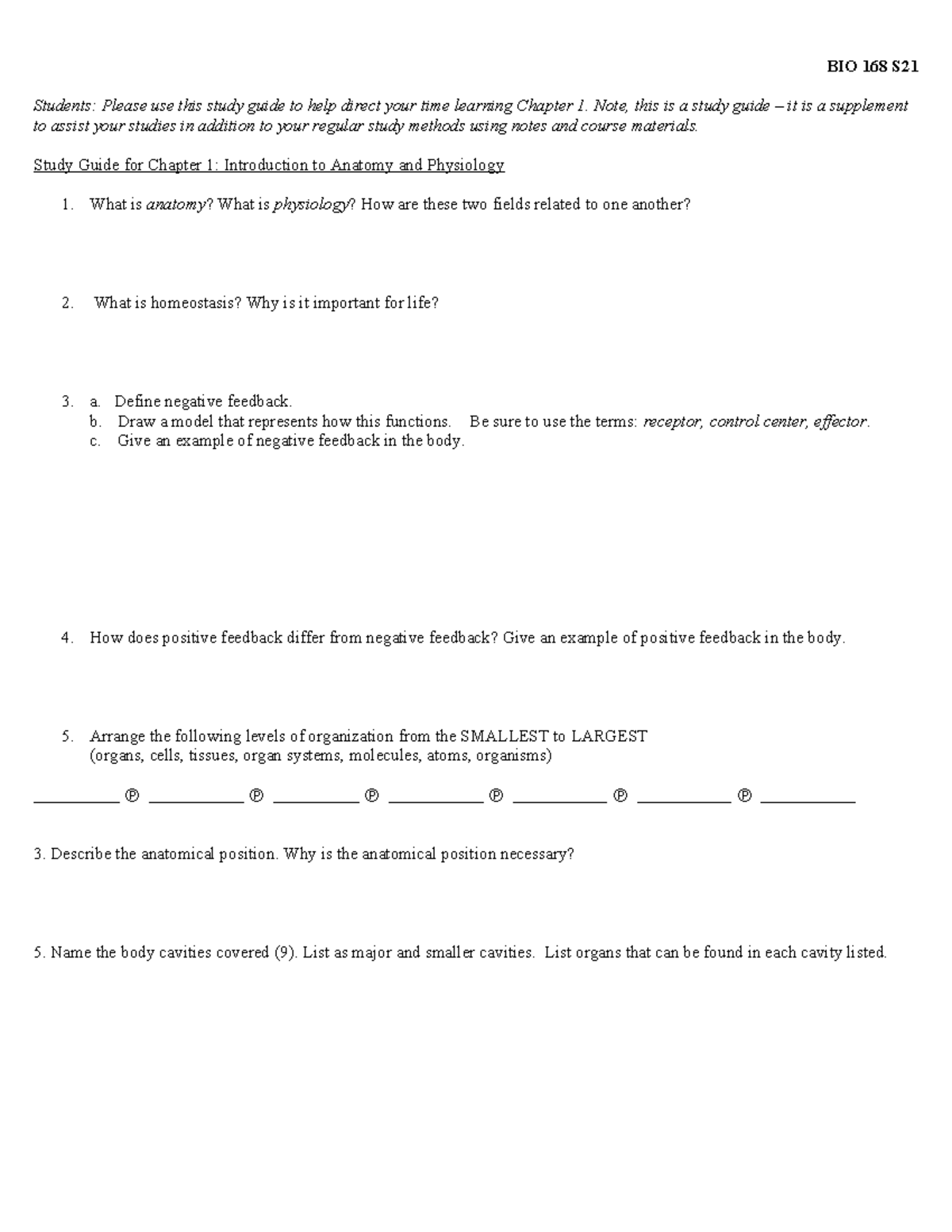 BIO 168 S21 Study Guide: Chapter 1 - Intro to Anatomy & Physiology ...