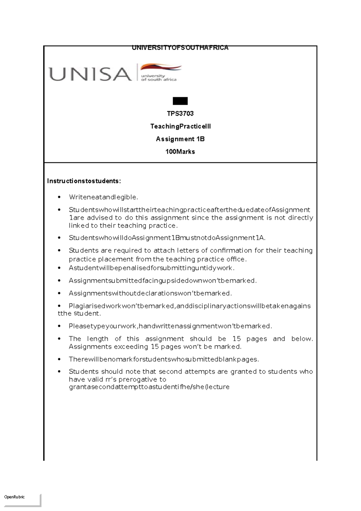TPS3703 Assignment 1B guidelines and requirements for teaching practice - Studocu