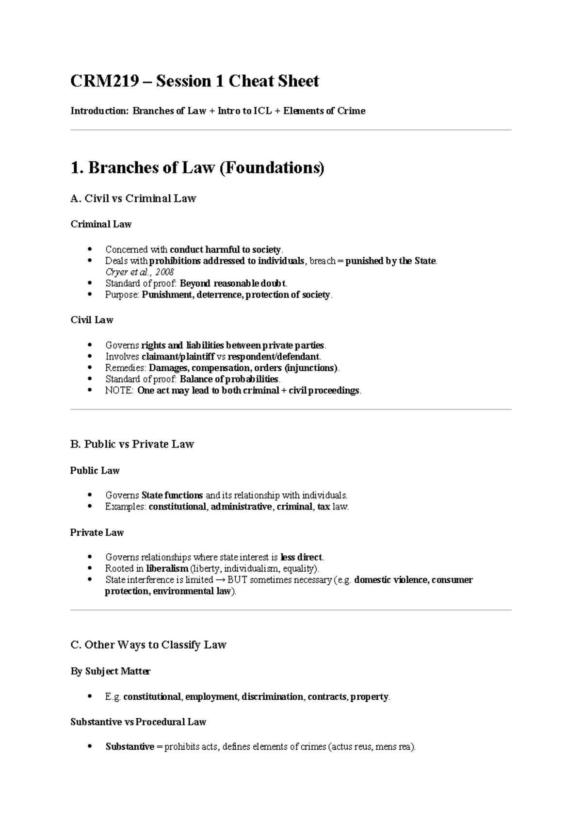 CRM219 Cheat Sheet: Introduction to Law, ICL, and Core Crimes - Studocu