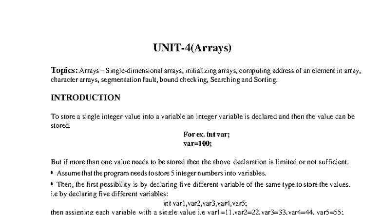 UNIT-4 Arrays: Initialization, Addressing, Searching & Sorting Techniques - Studocu