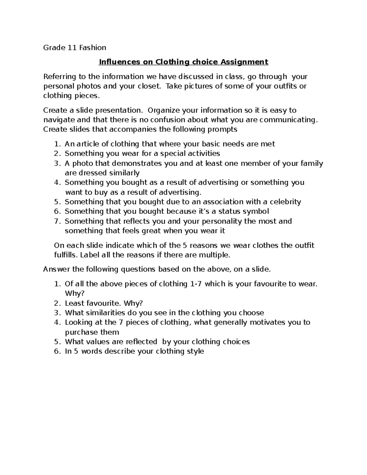 Grade 11 Fashion Influences on Clothing Choices Assignment - Studocu