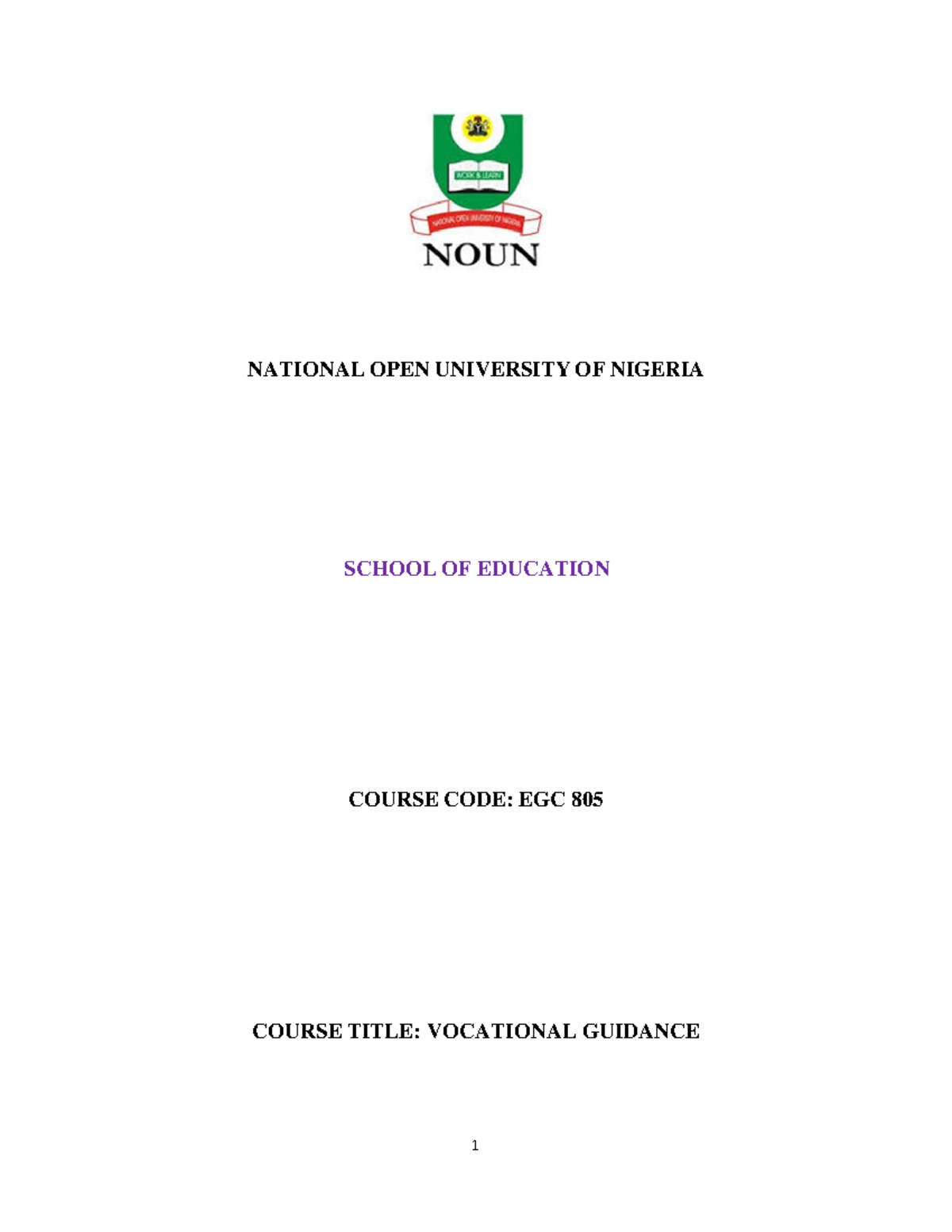 EGC 805: Vocational Guidance - Comprehensive Study Notes - Studocu