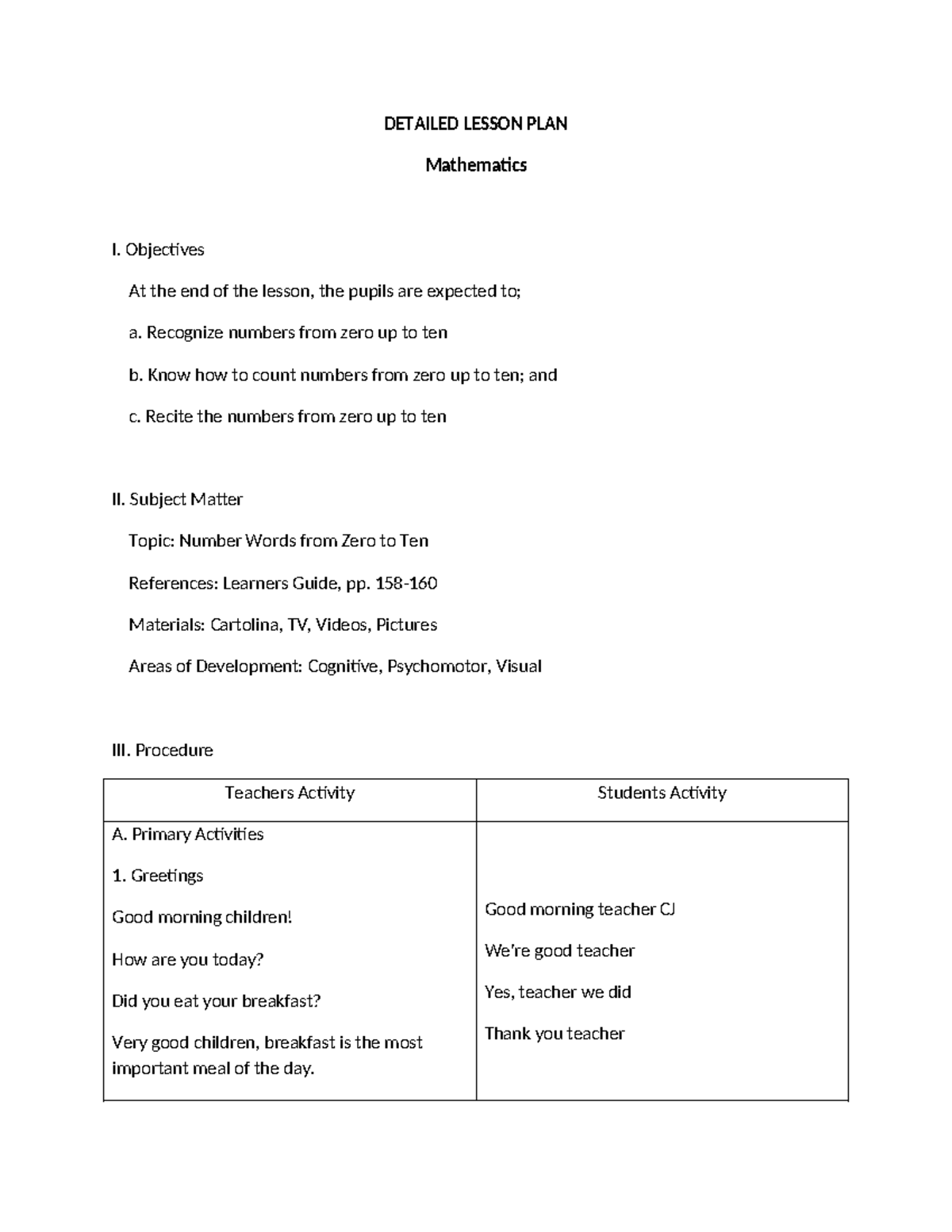 Mathematics Detailed Lesson Plan: Number Words (0-10) - Studocu