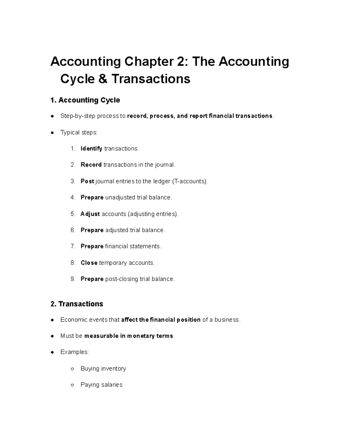 Accounting 101: Chapter 2 Notes on The Accounting Cycle - Studocu