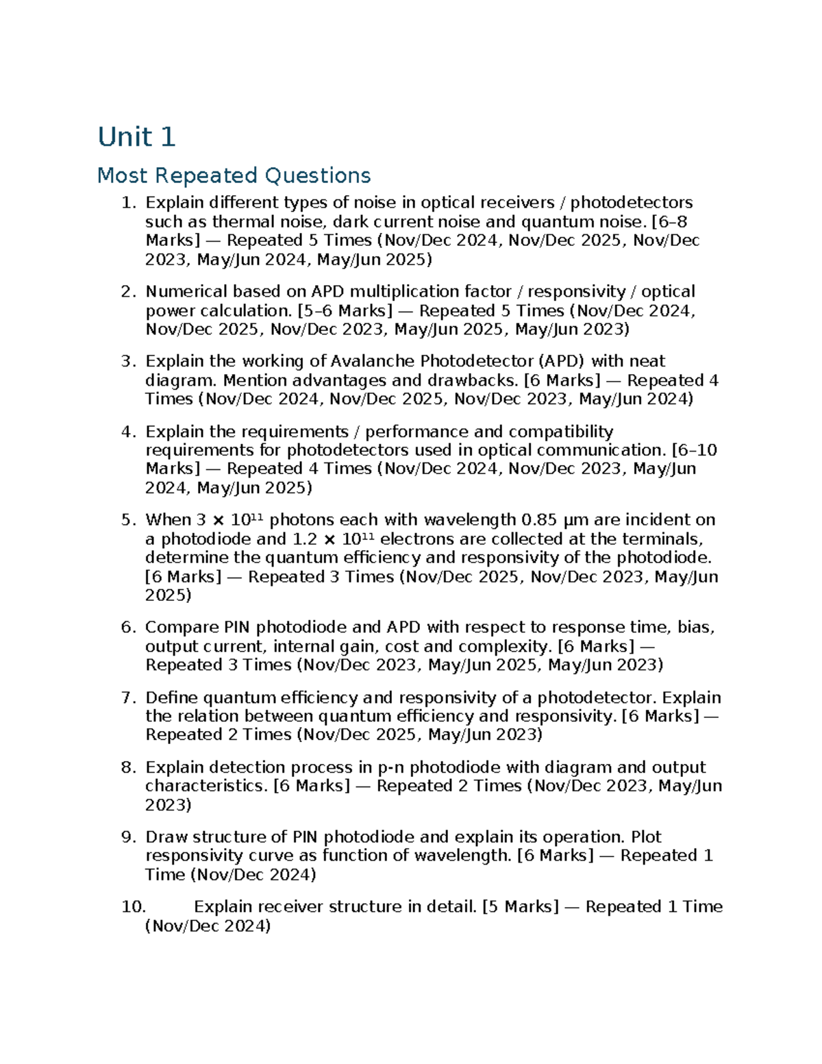 Fiber Optic Communication Repeated Questions (Unitwise) 2023-2025 - Studocu