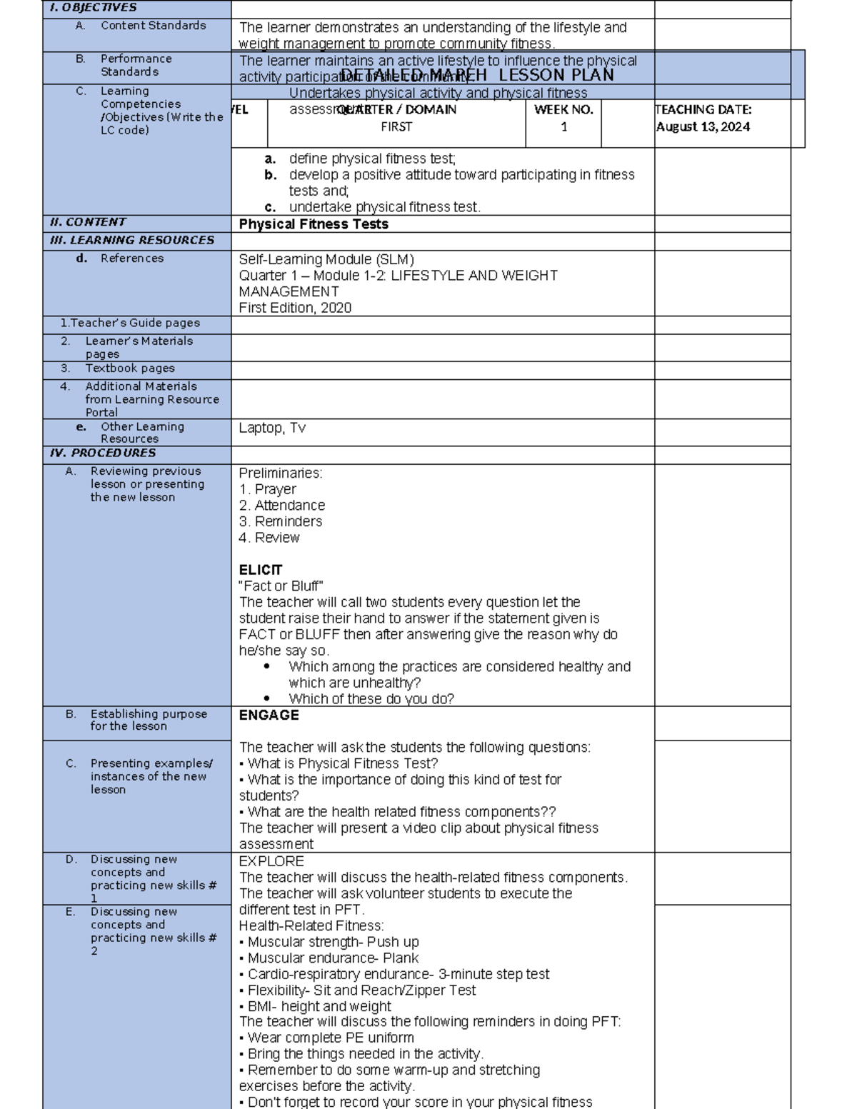 10 MAPEH First Quarter Lesson Plan on Physical Fitness Tests - Studocu