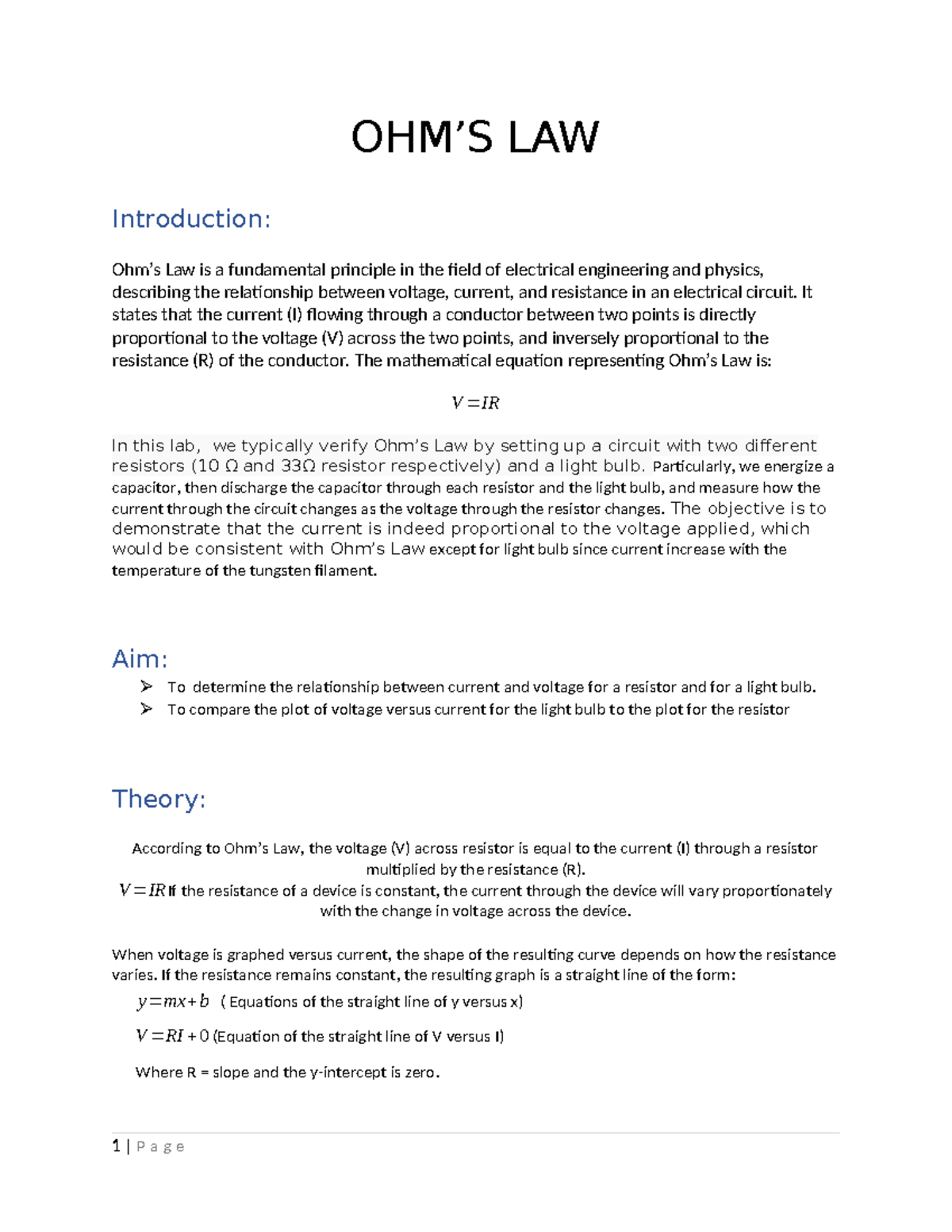 Physics LAB # 2 Ohm's Law - OHM’S LAW Introduction: Ohm’s Law is a ...