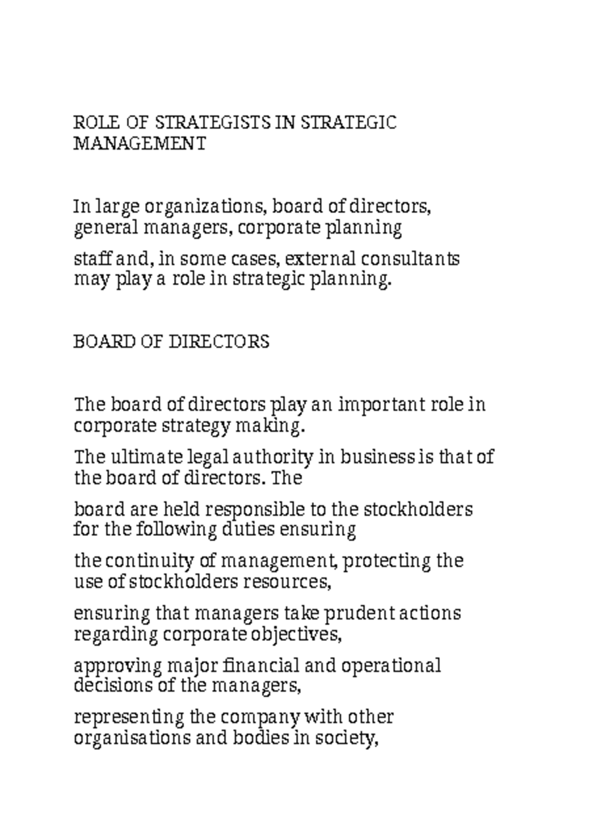 Role of strategies in strategic Management - ROLE OF STRATEGISTS IN ...