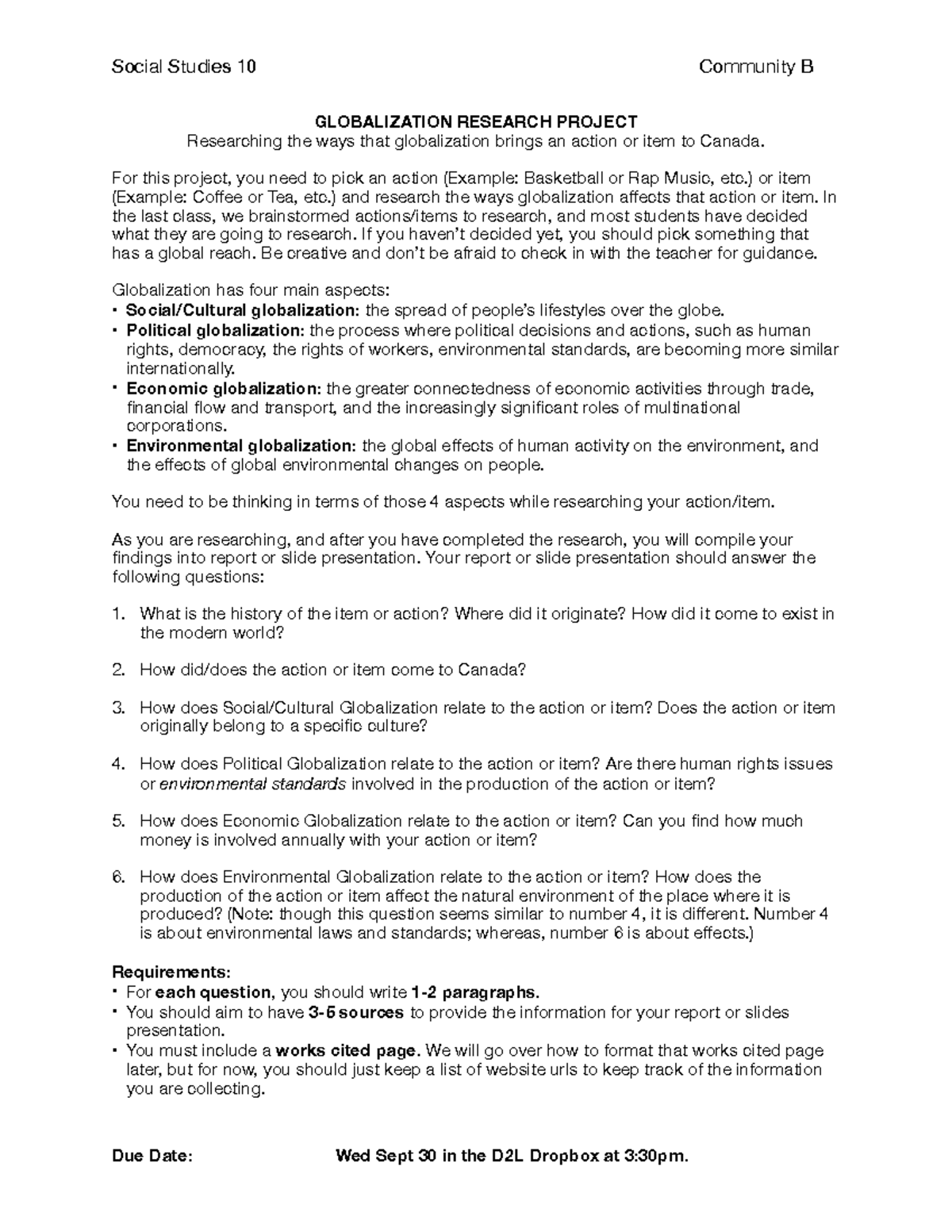Social 10 - Researching Globalization Project - Social Studies 10 ...