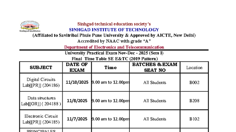 SE E&TC 2025-26 Final Practical Exam Time Table - Studocu