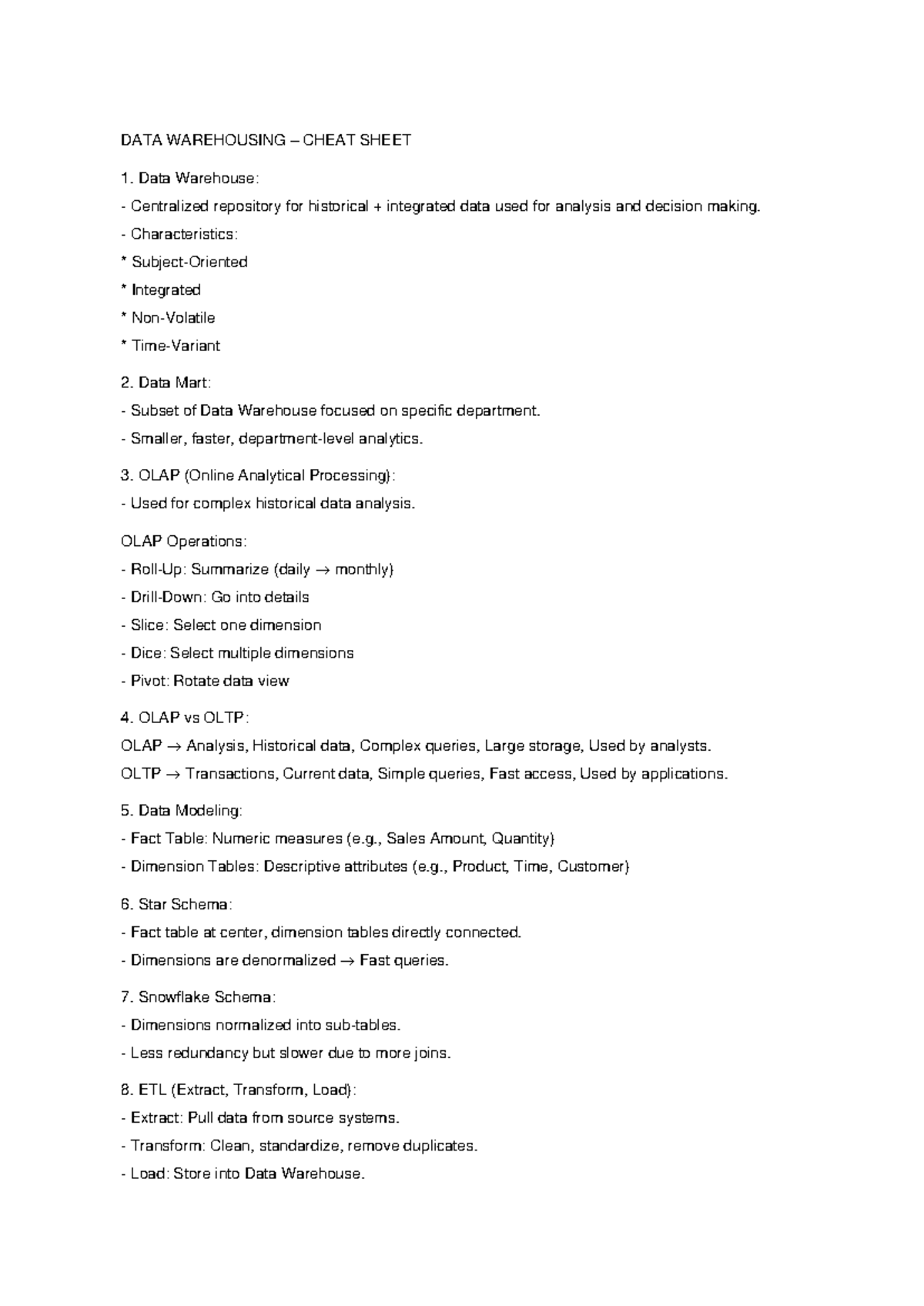 DATA WAREHOUSING CHEAT SHEET: Key Concepts & Definitions - Studocu