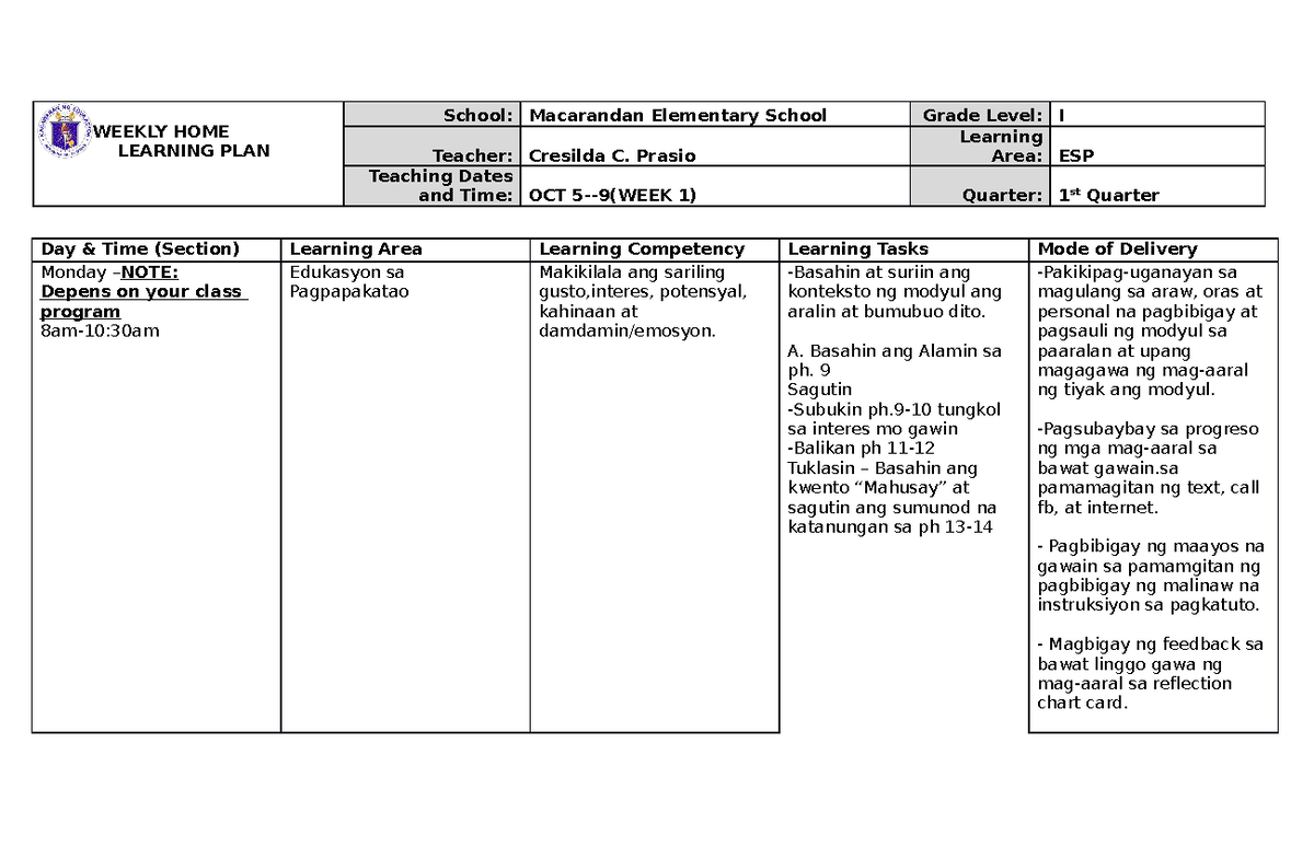ESP Grade 1 Weekly Home Learning Plan -for Modular 1st Quarter-1st Week ...