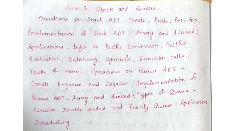 DSA Unit 3 Notes: Stack and Queue ADT Operations and Applications - Studocu