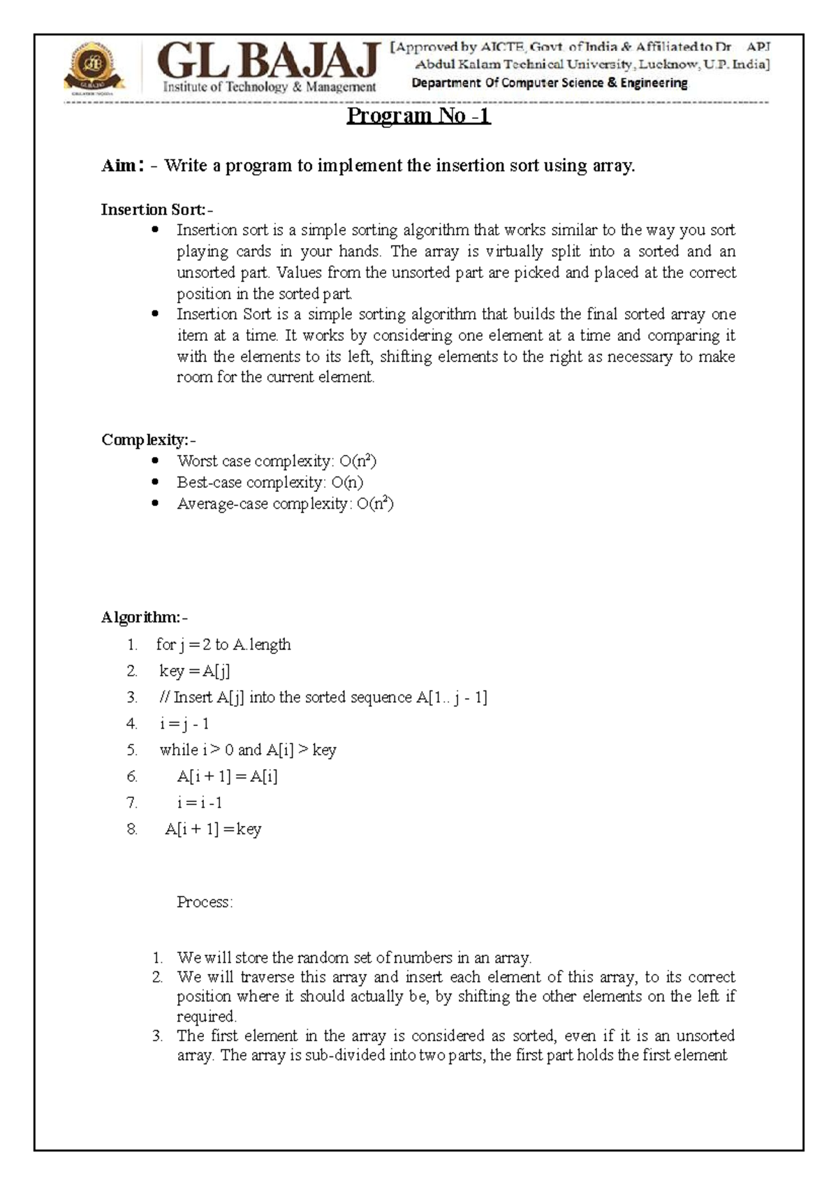 DAA Program 1 - Insertion Sort Implementation Example - Studocu