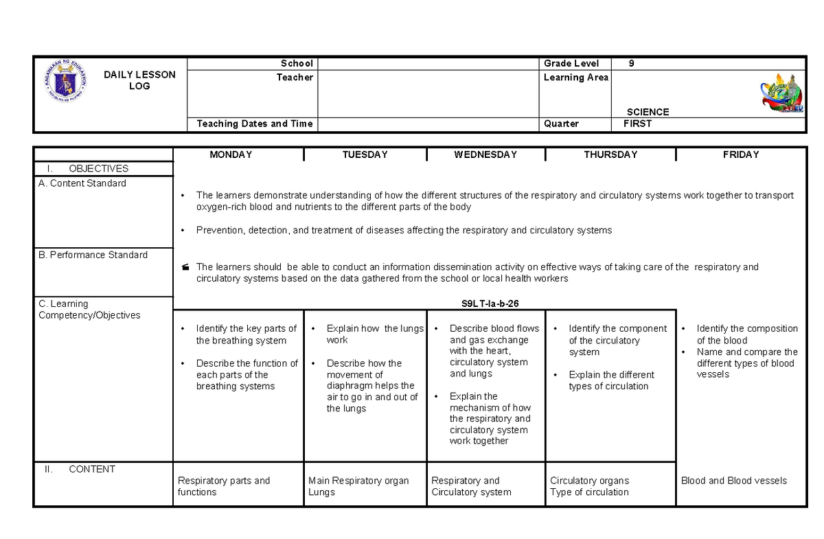 Grade 9 Science Daily Lesson Log: Respiratory & Circulatory Systems ...