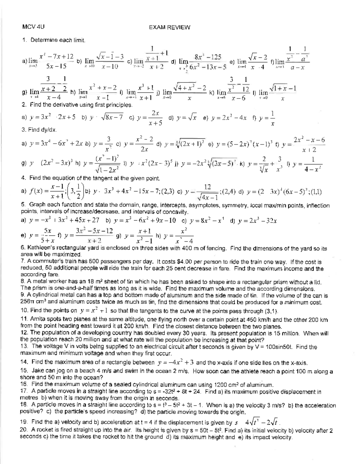 MCV4U Final Exam Review Questions - MCV4U - Studocu