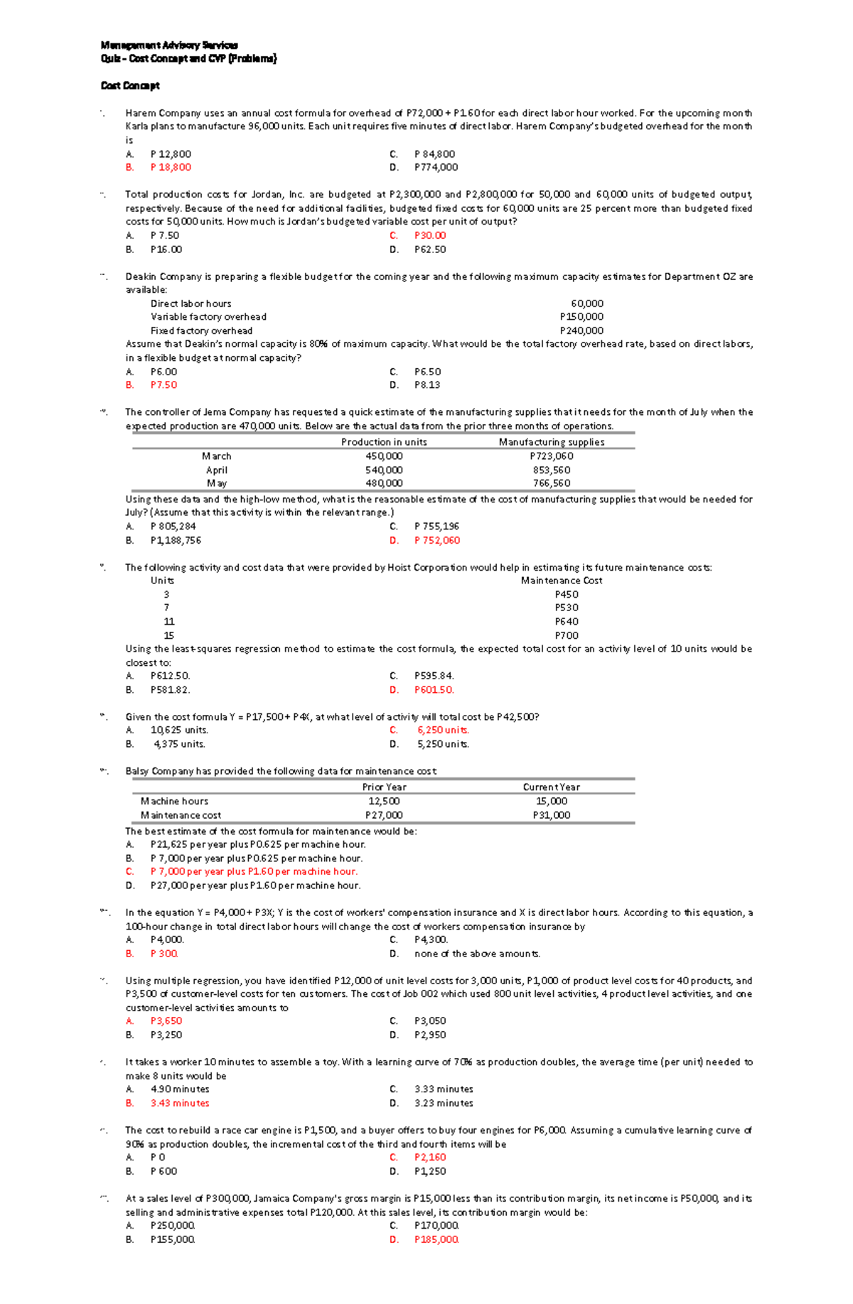 **MAS Quiz - Understanding Cost Concepts and CVP Analysis** - Studocu
