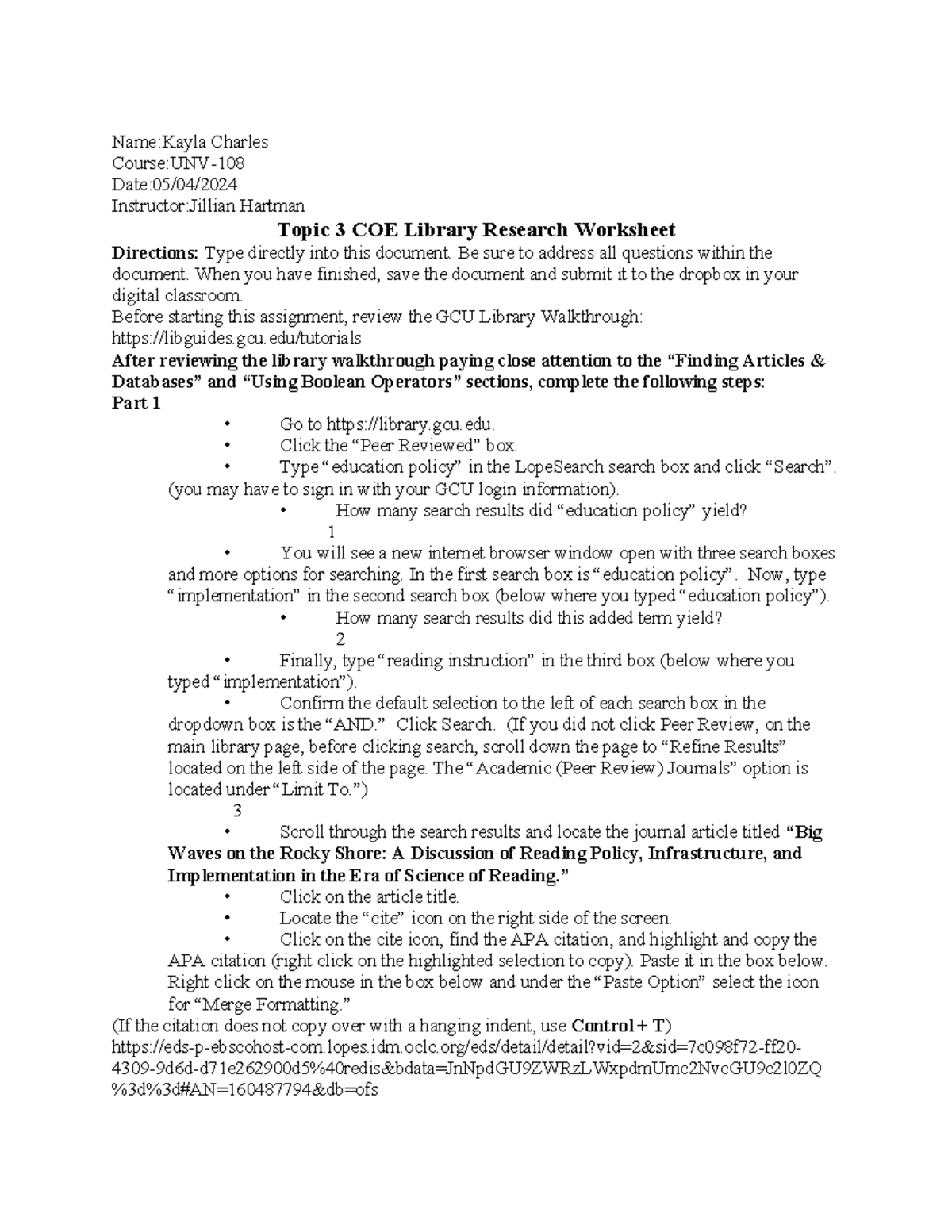 UNV-108-T3-COE Library Research Worksheet for Article Citation and ...