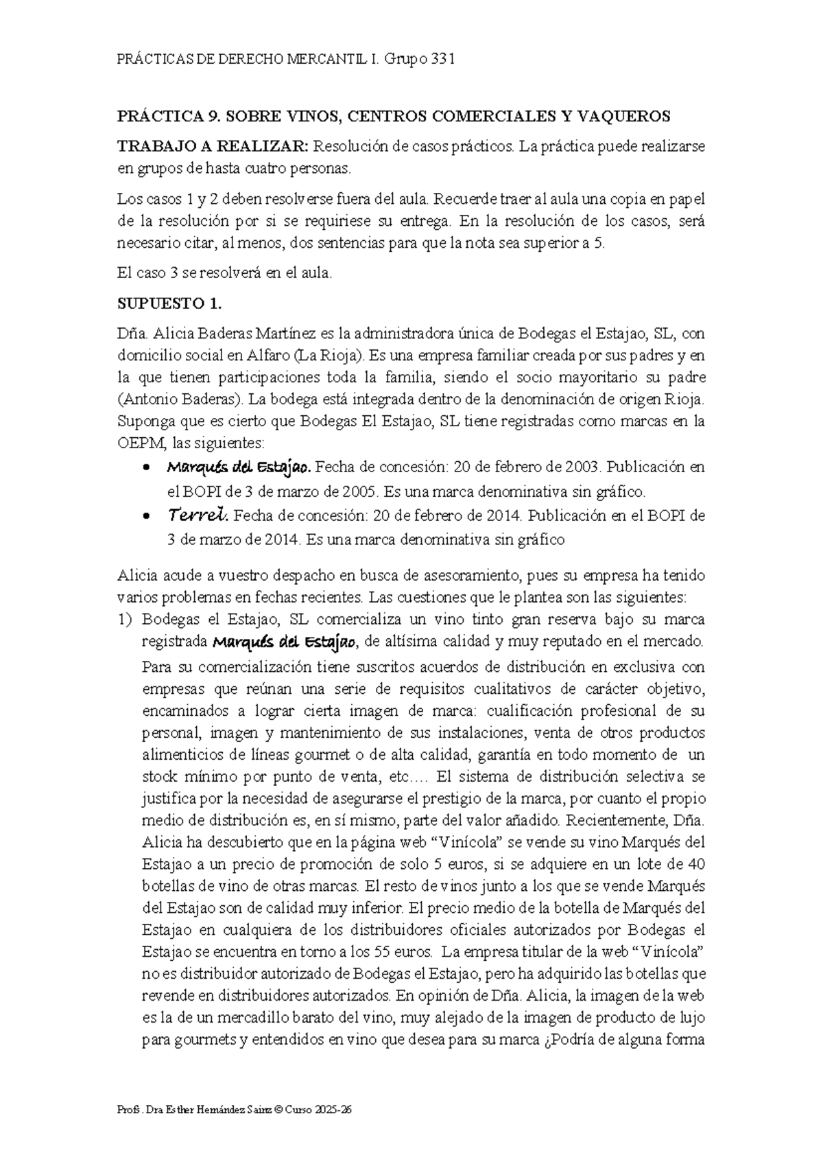 PRÁCTICA 9: Vinos y Vaqueros en Derecho Mercantil I - Grupo 331 - Studocu