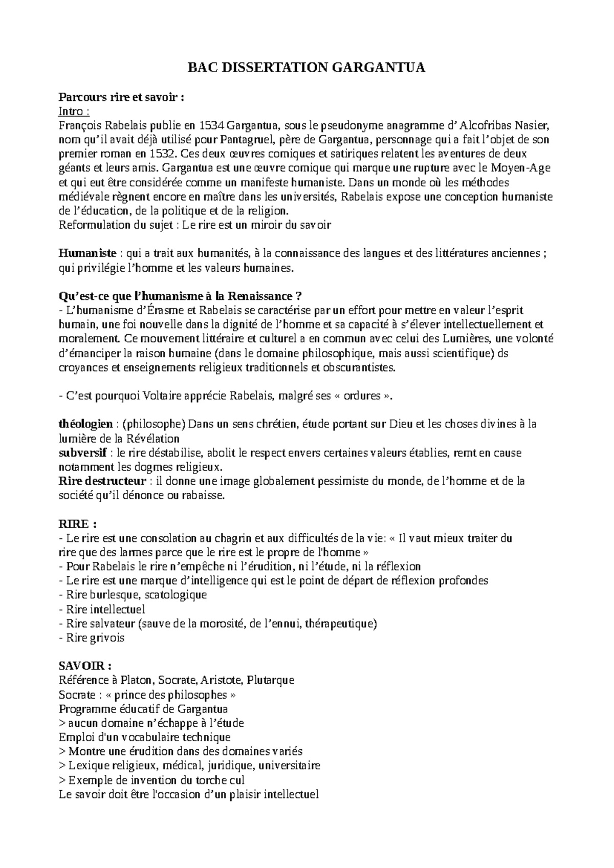 Final Exam Dissertation Notes on Gargantua (BAC) - Studocu