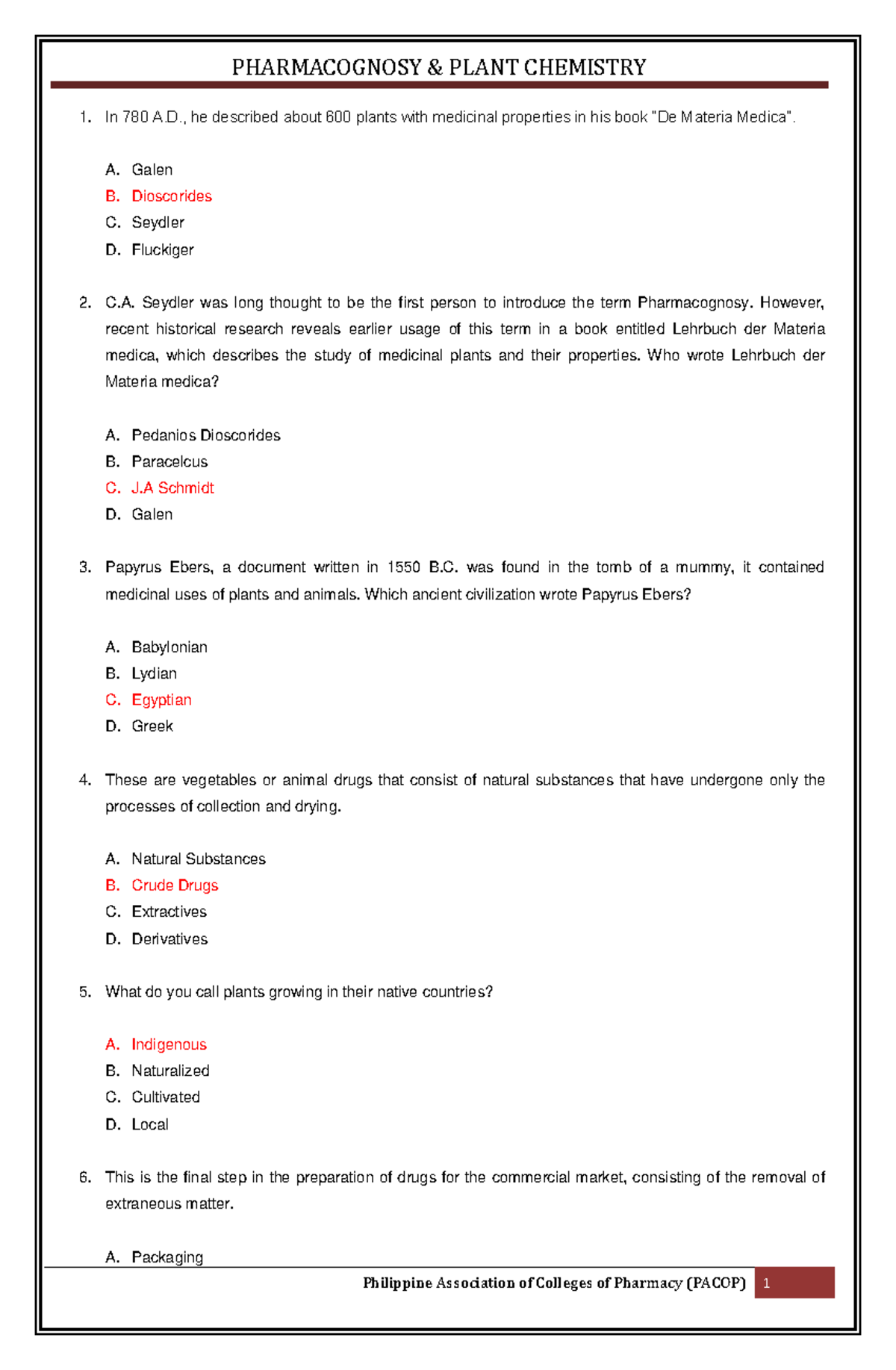 PACOP PINK Pharmacognosy Plant Chemistry Study Guide - Studocu