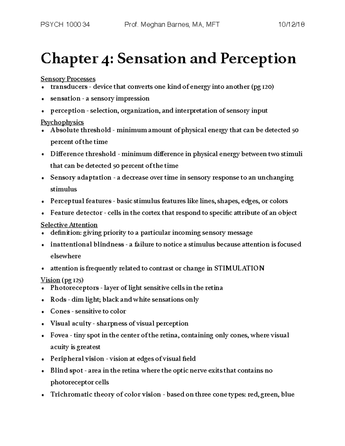 PSYCH 34 Chapter 4 Summary Notes: Sensation and Perception Insights ...