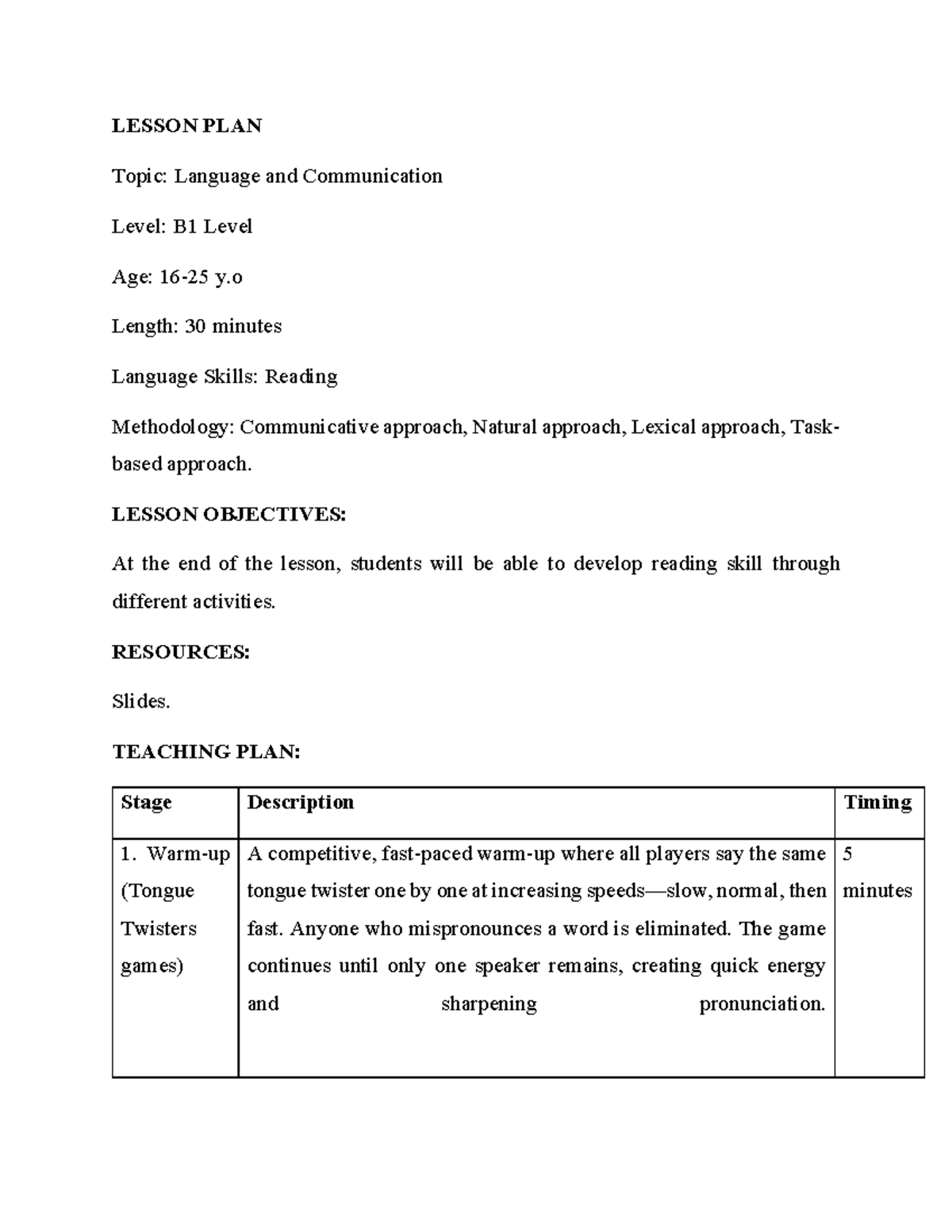 B1 Language & Communication Lesson Plan: Engaging Reading Activities ...