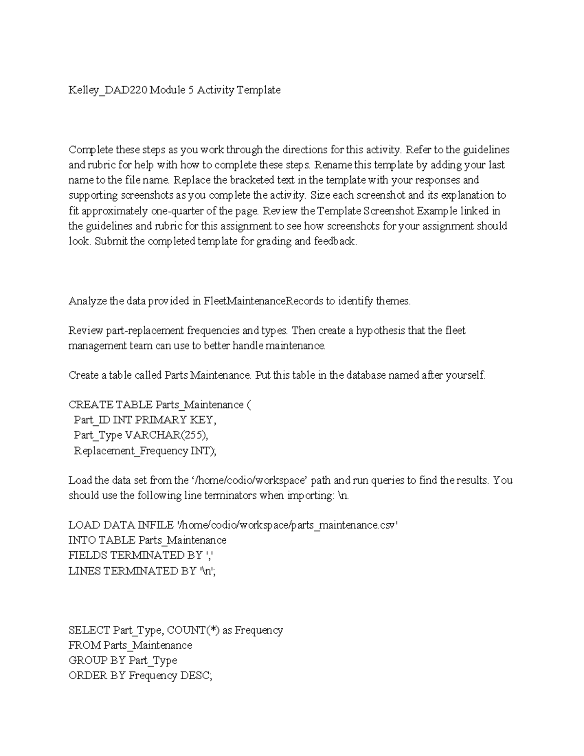 DAD220 Module 5 Activity Template: Fleet Maintenance Data Analysis ...