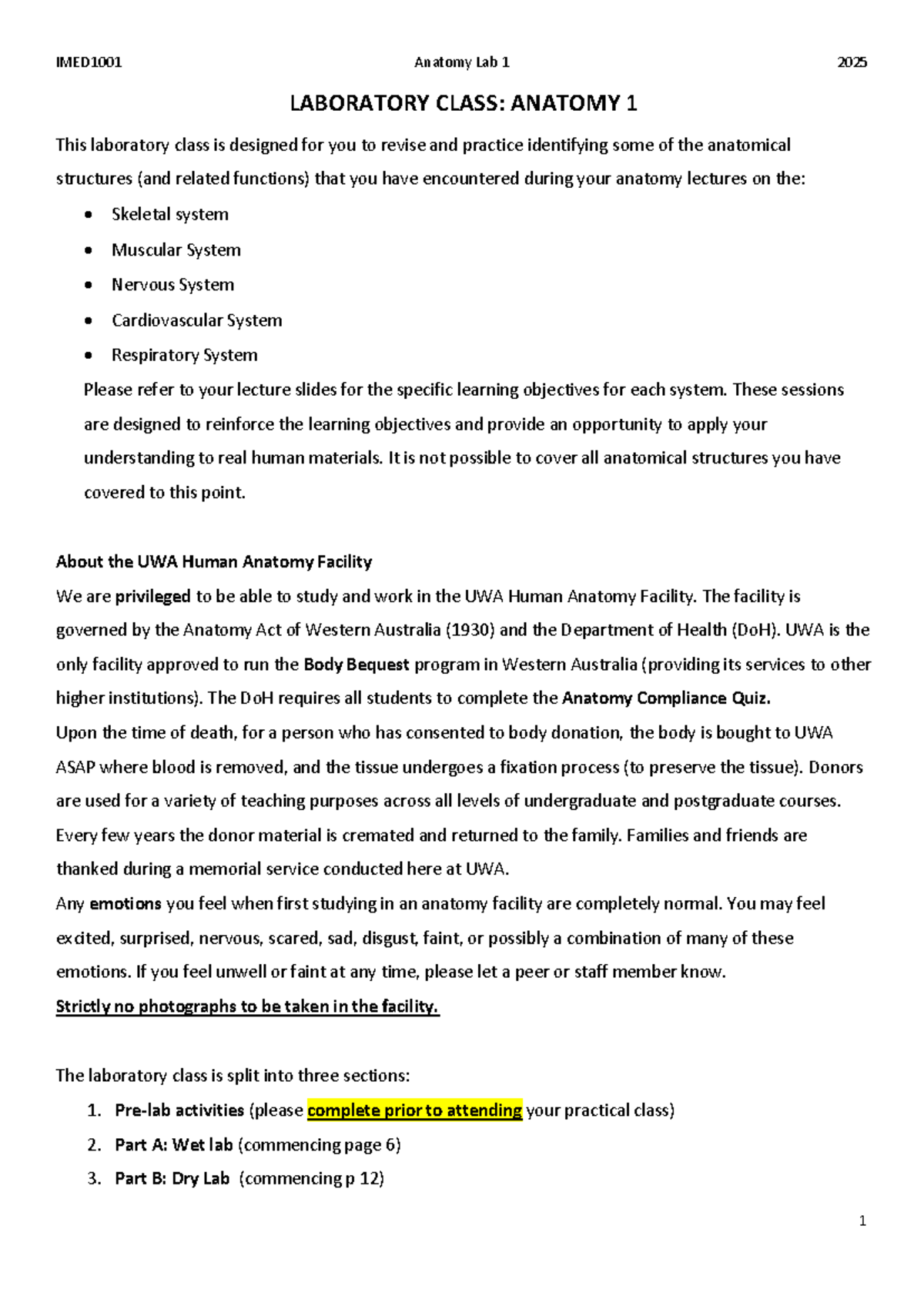 IMED1001 Anatomy Lab 1 Worksheet: Revision & Practical Activities 2025 ...
