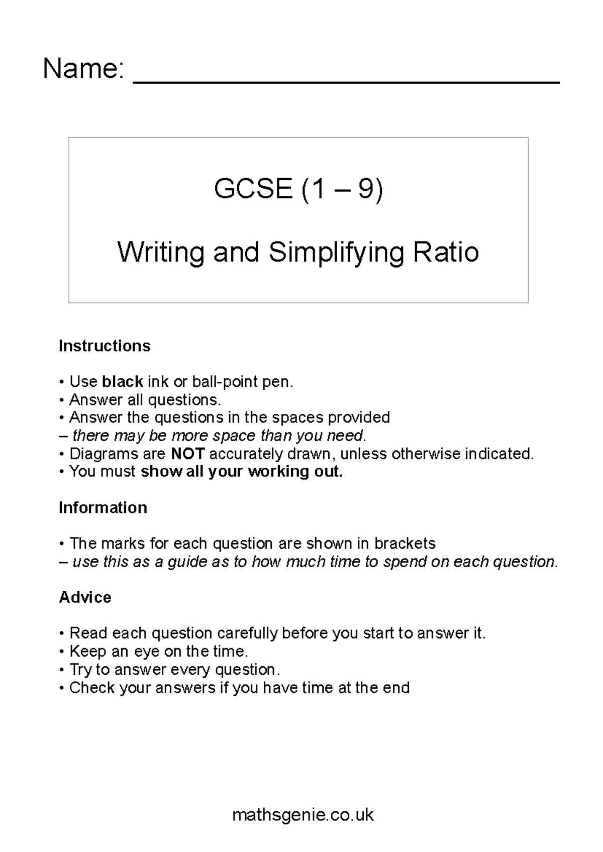 GCSE (1 9) Writing & Simplifying Ratios Practice Questions - Studocu