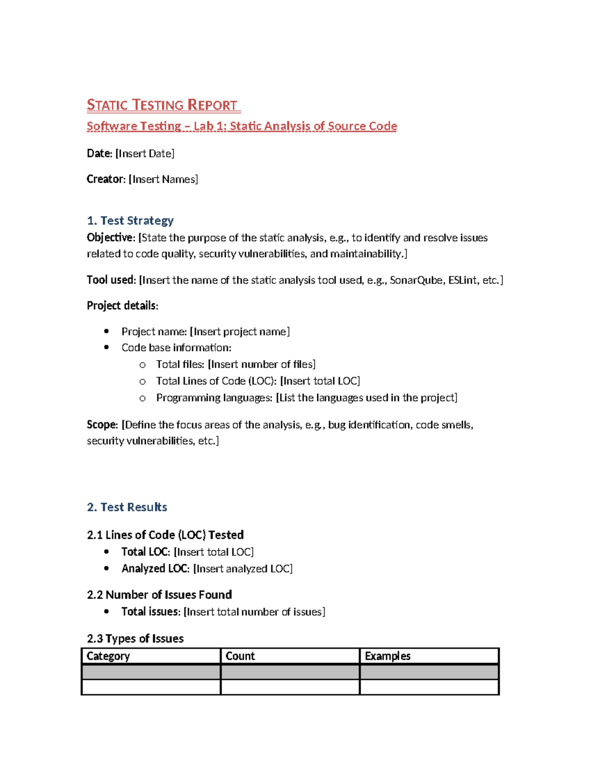 STATIC TESTING REPORT: Software Testing Lab 1 Analysis - Studocu