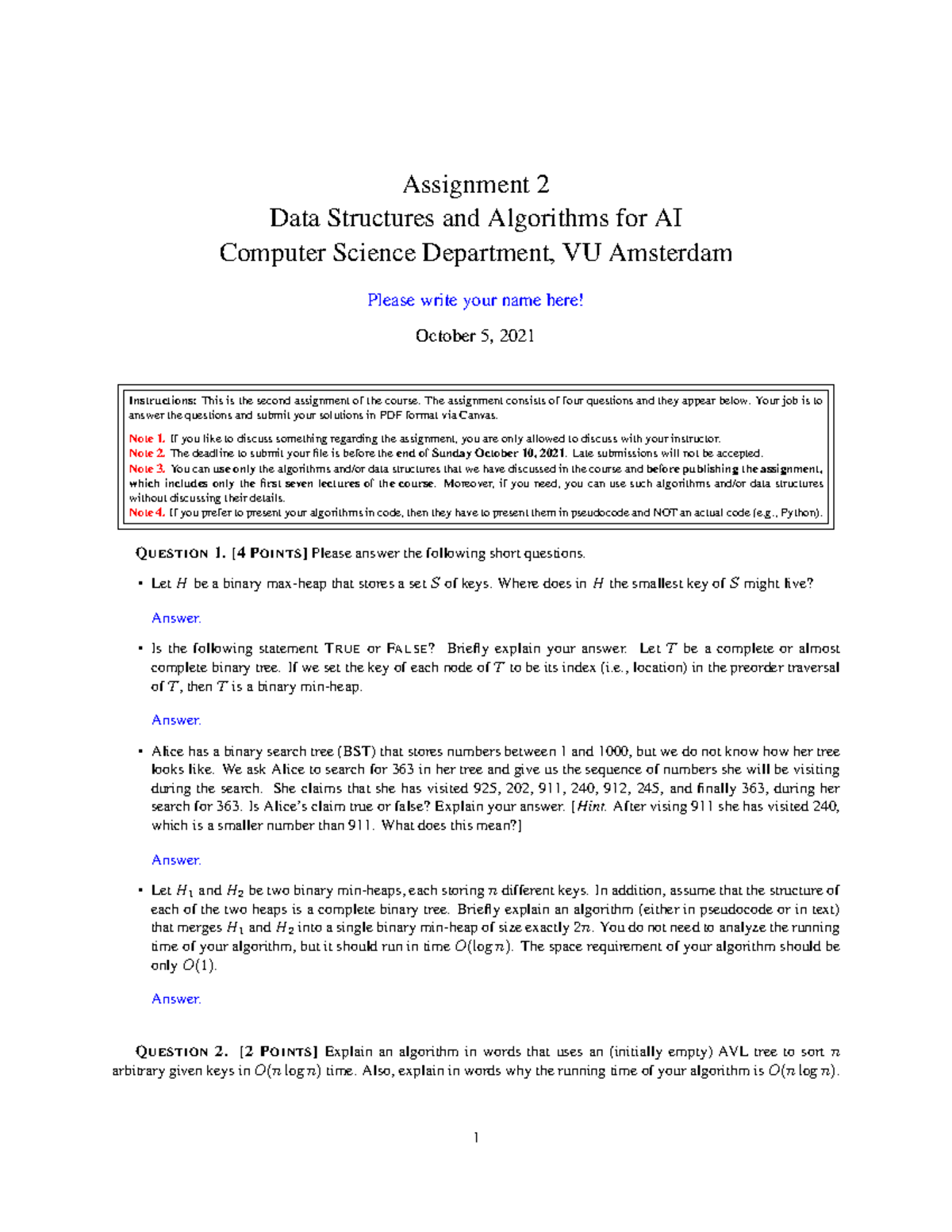 Assignment 2 - Practical on Data Structures for AI (CS101) - Studeersnel