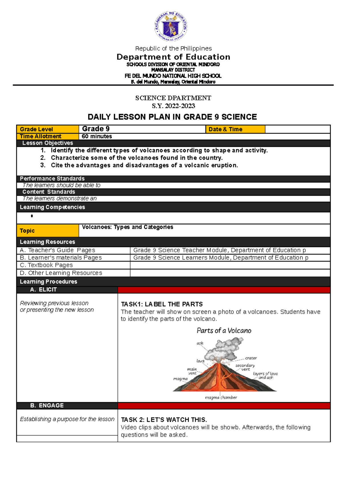Daily Lesson Plan for Grade 9 Science: Volcanoes - Types & Categories ...