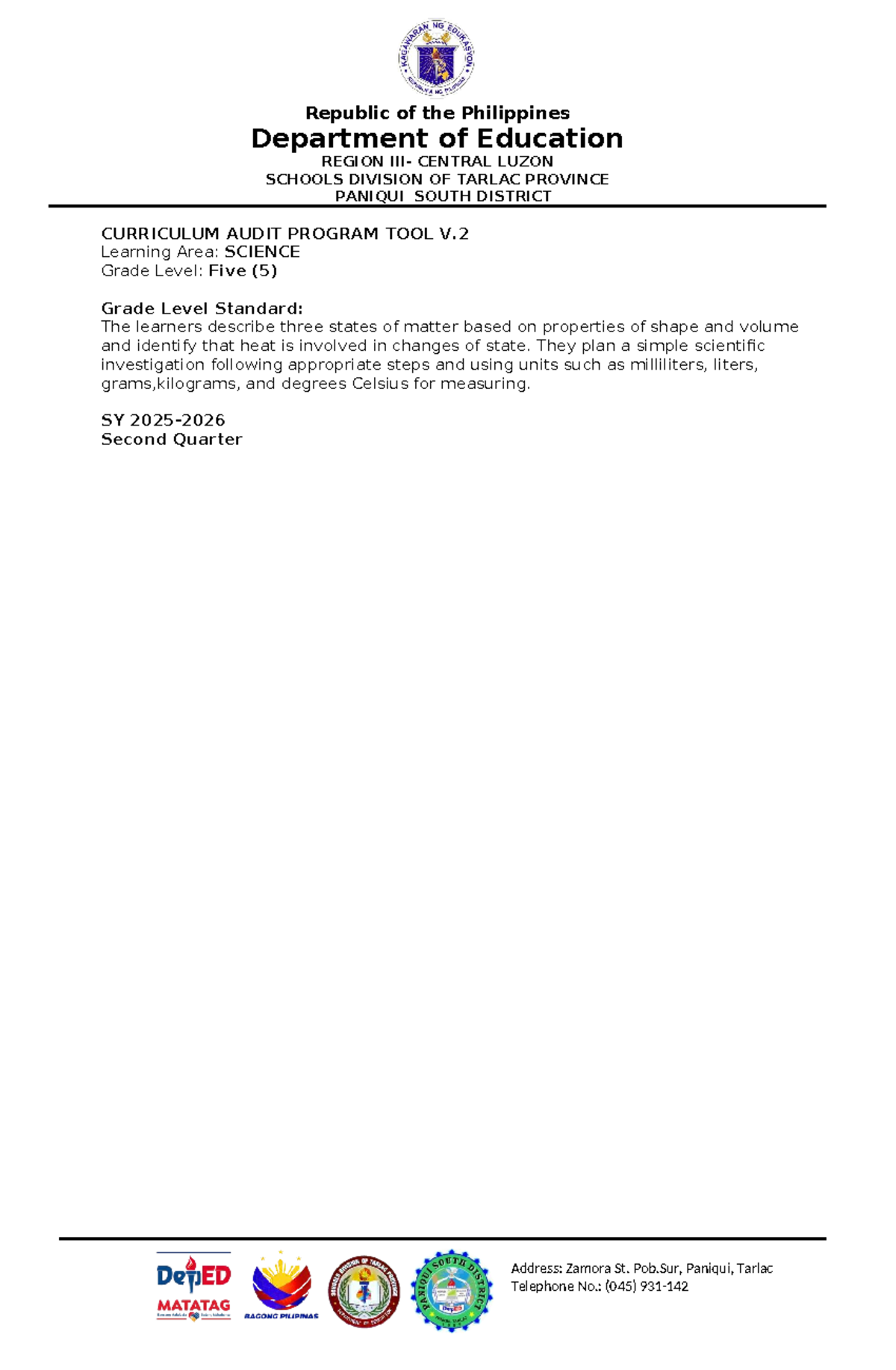 Captool Q2 Science 5: Curriculum Audit Program for Grade 5 - Studocu