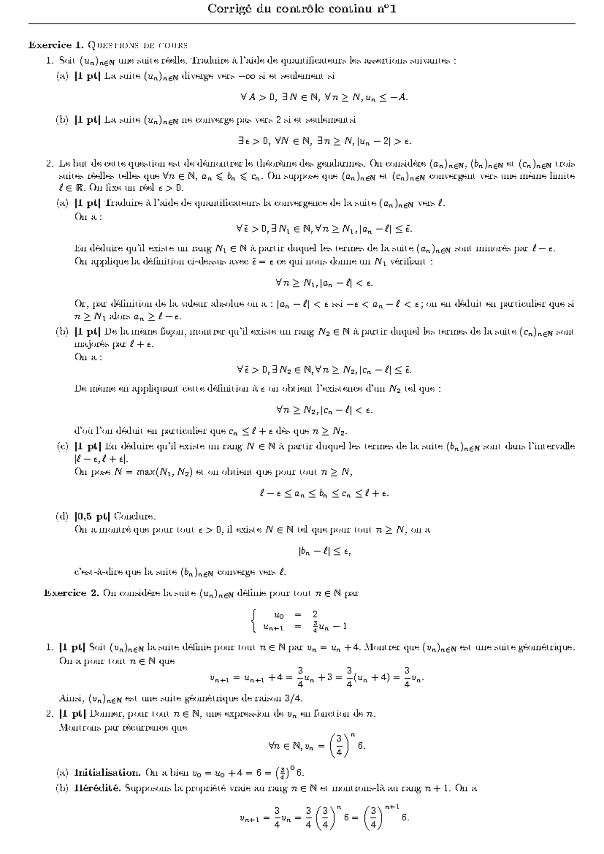 Corrigé du contrôle continu no 1 - Analyse 1 - Exercice et Théorèmes - Studocu